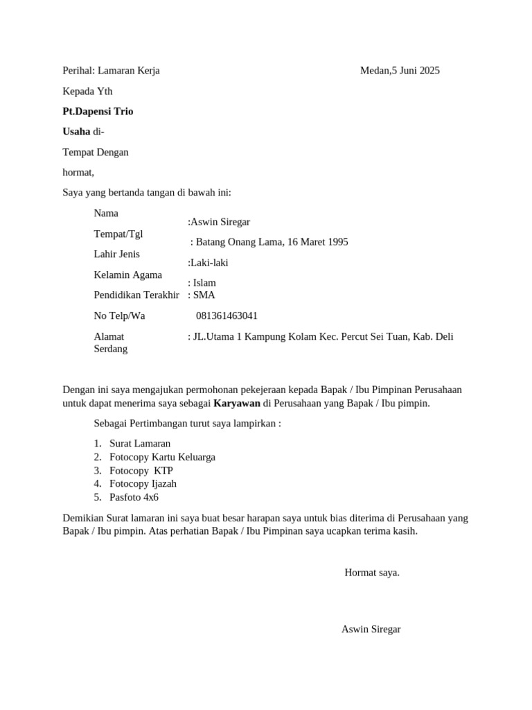 Surat Lamaran Aswin | PDF