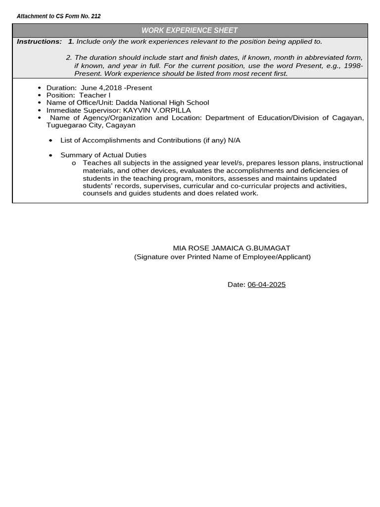 CS Form No. 212 Attachment Work Experience Sheet | PDF