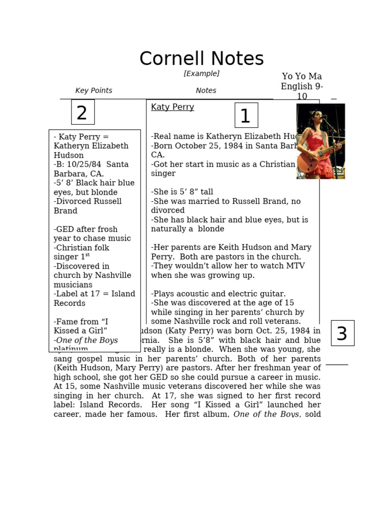 Cornell Notes Example-Katy Perry | PDF | Music Of The United States ...
