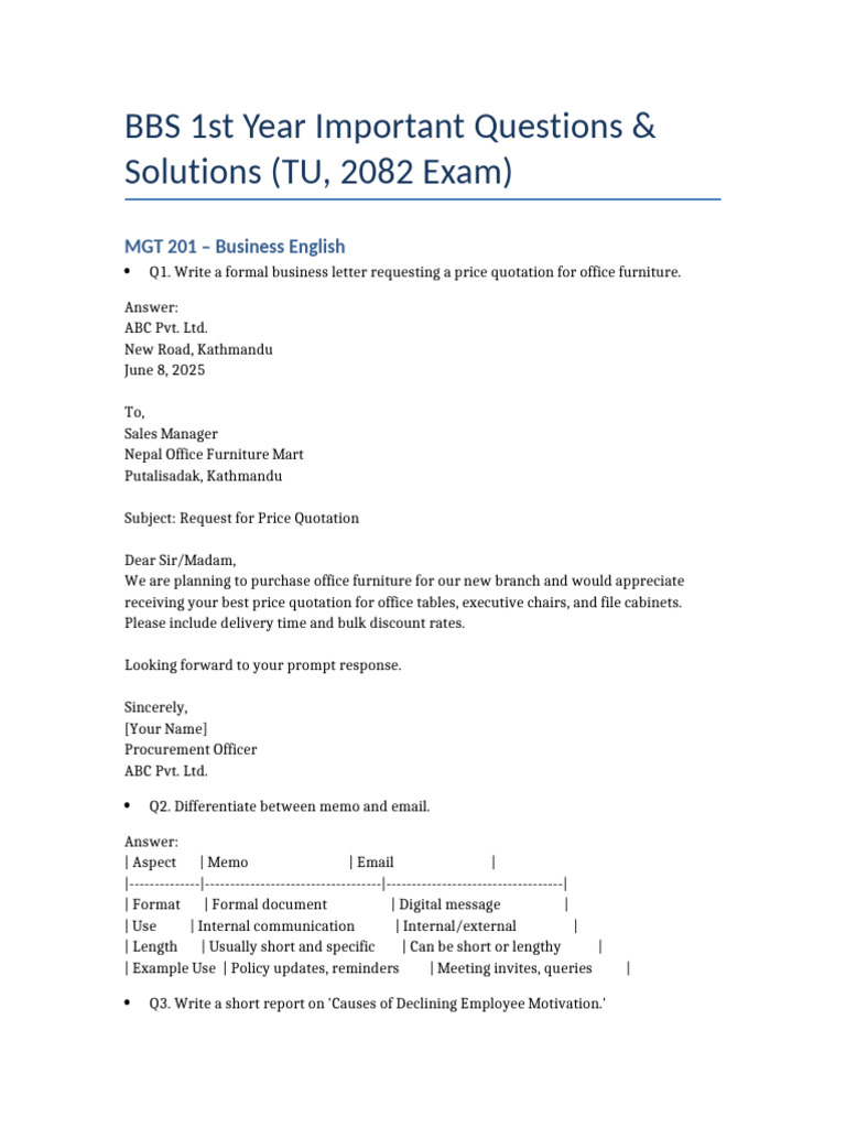 BBS 1st Year Important Questions Solutions 2082 | PDF | Demand ...