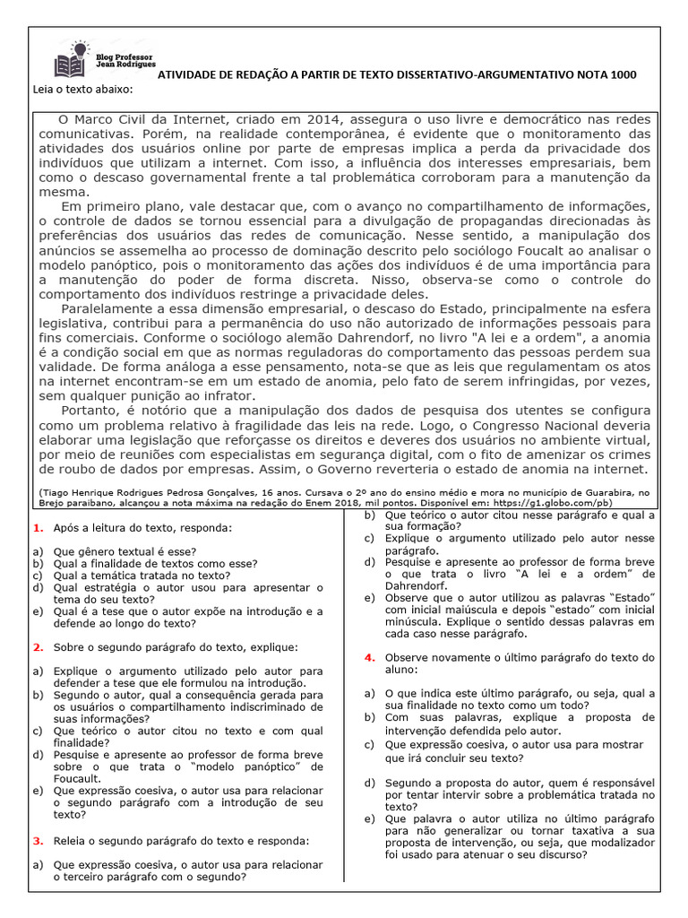 Redação Nota 1000: Marco Civil e Privacidade | PDF | Internet ...