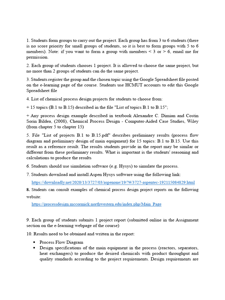 List of Chemical Process Design Projects | PDF | Distillation | Physical Sciences