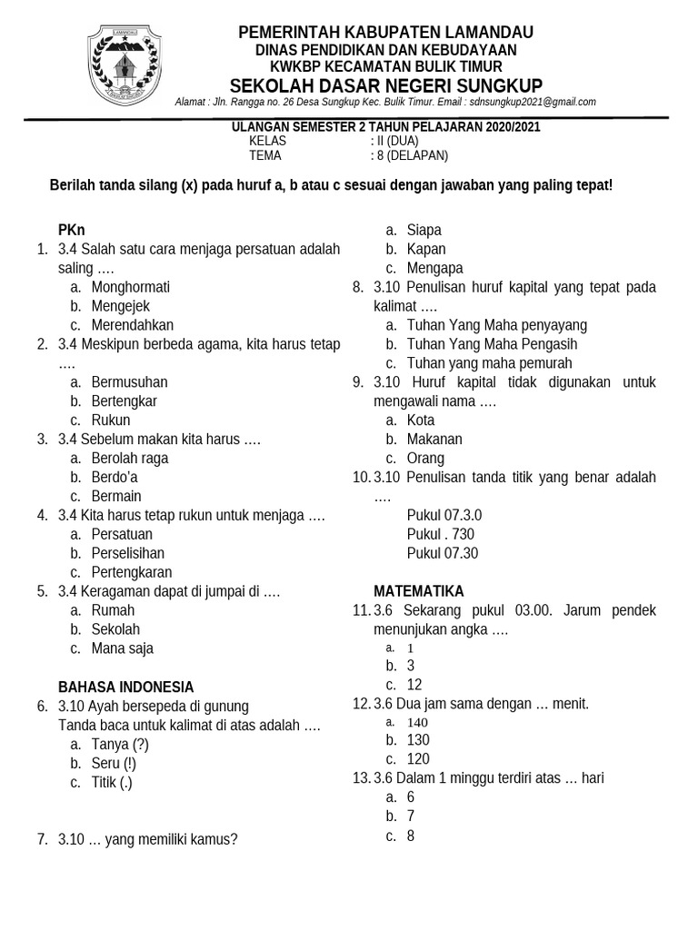 Soal Bu Yumita Ujian Semester 2 Tema 8 | PDF