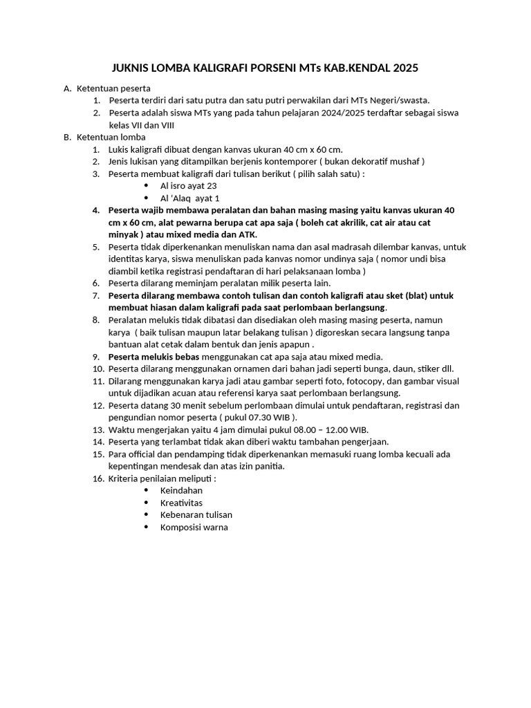 Juknis Lomba Kaligrafi Porseni Mts Kab Kendal | PDF