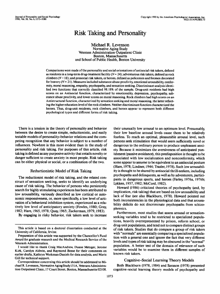 Risk Taking and Personality | PDF | Psychopathy | Empathy