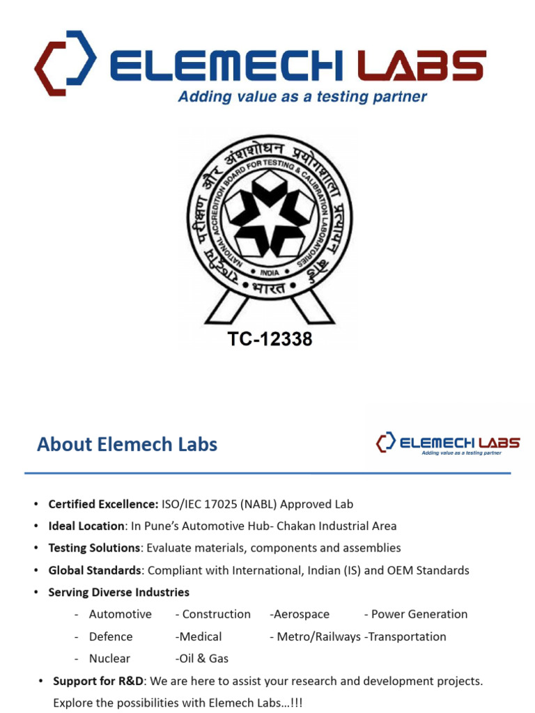 Elemech Labs: ISO Certified Testing Services | PDF | Construction | Welding