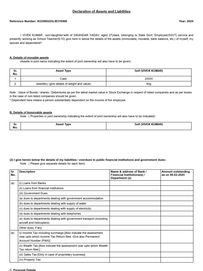 Vivek Asset and Liabilities Declaration Form | PDF | Private Sector | Government Finances