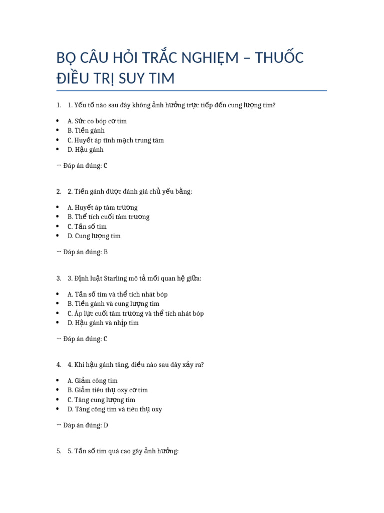 Bo Cau Hoi Trac Nghiem Suy Tim Day Du | PDF