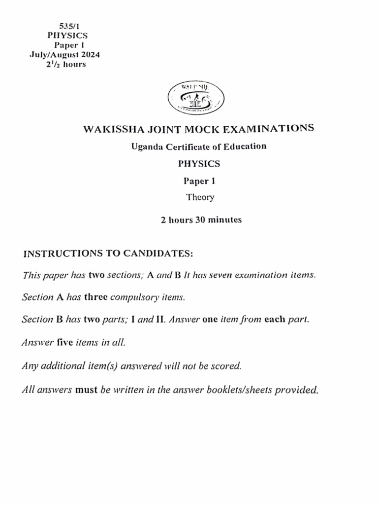 Wakissha Uce Phy 2024 Mock-1 | PDF