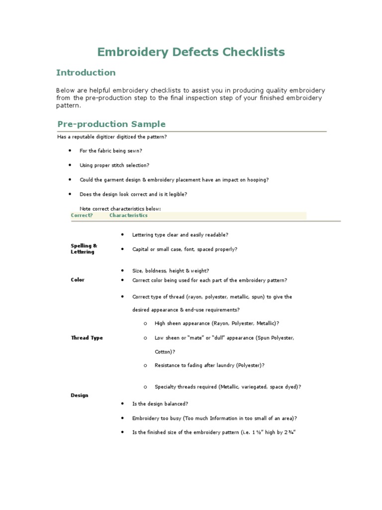 Embroidery Defects Checklists | PDF | Embroidery | Sewing