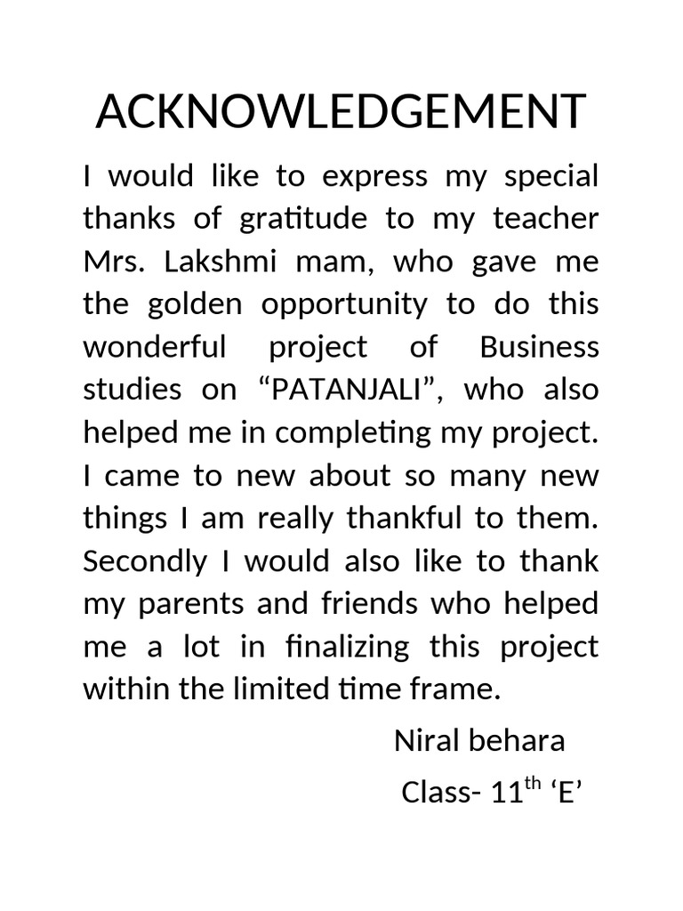 Acknowledgement for Business Project | PDF