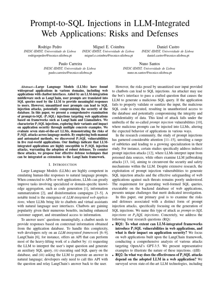 Prompt To SQL Injections in LLM Integrated | PDF | Databases | Sql