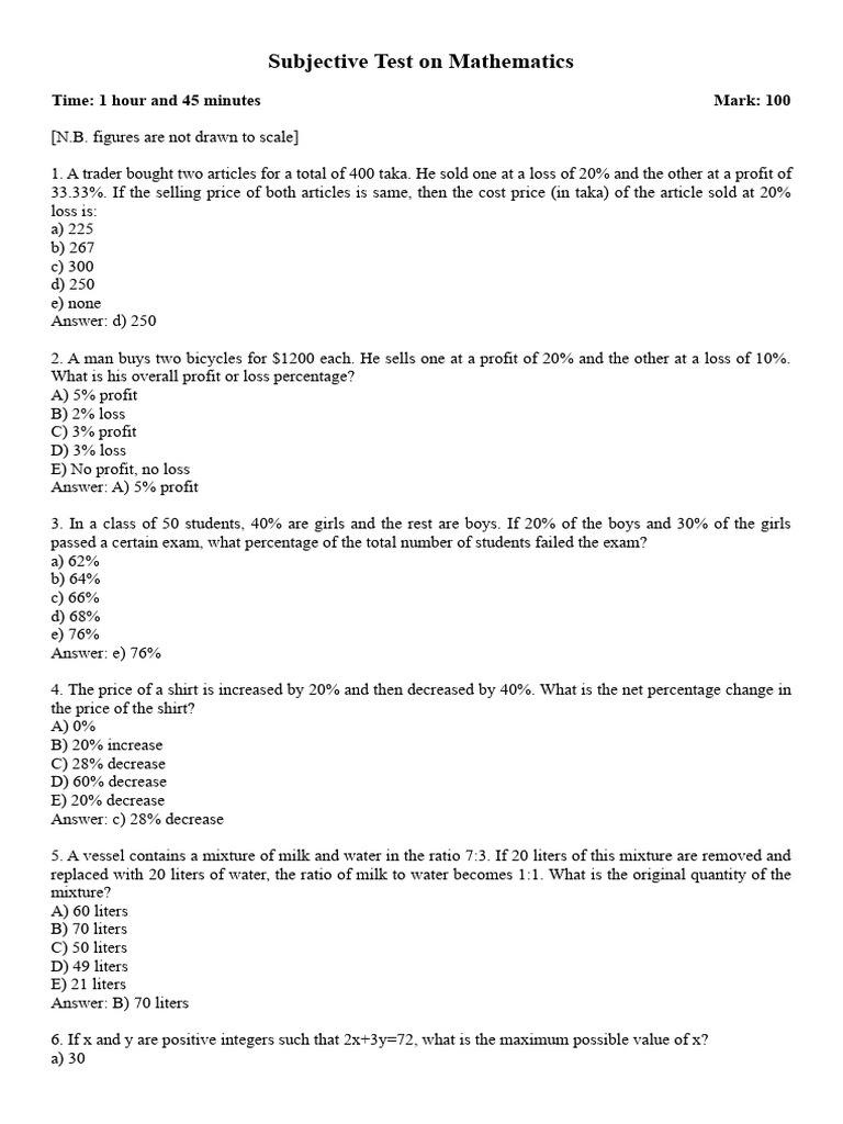 Subjective Test On Mathematics 100 - Revised and Corrected | PDF | Area