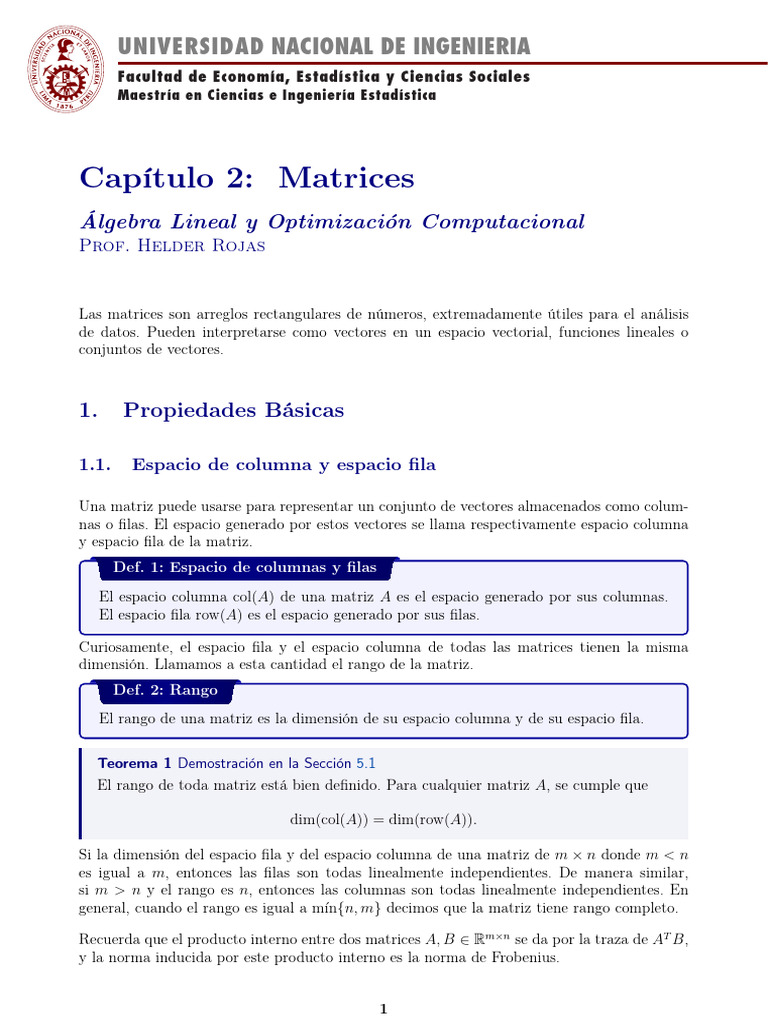 02 Matrices NOTAS DE CLASE Álgebra Lineal y Optimización Computacional MCIES FIEECS UNI | PDF ...