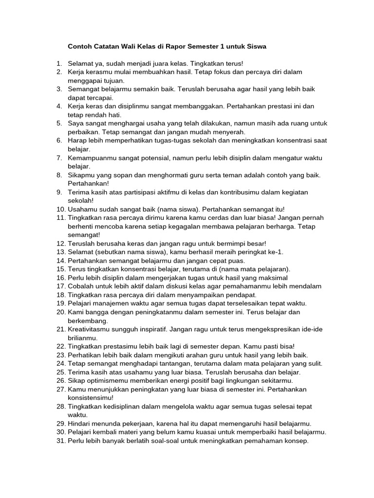 Contoh Catatan Wali Kelas Di Rapor Semester 1 Untuk Siswa | PDF