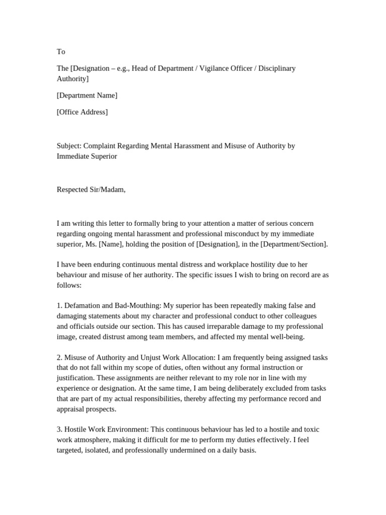 Mental Harassment Complaint Letter | PDF | Harassment | Defamation