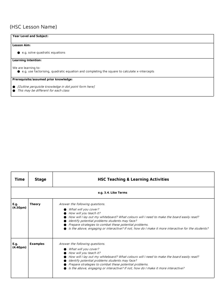 HSC Lesson Plan Template | PDF