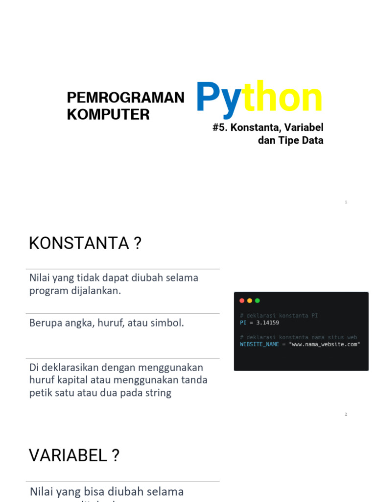 Pemprograman Komputer (Pyhton) 5 Konstanta Variabel Dan Tipe Data | PDF