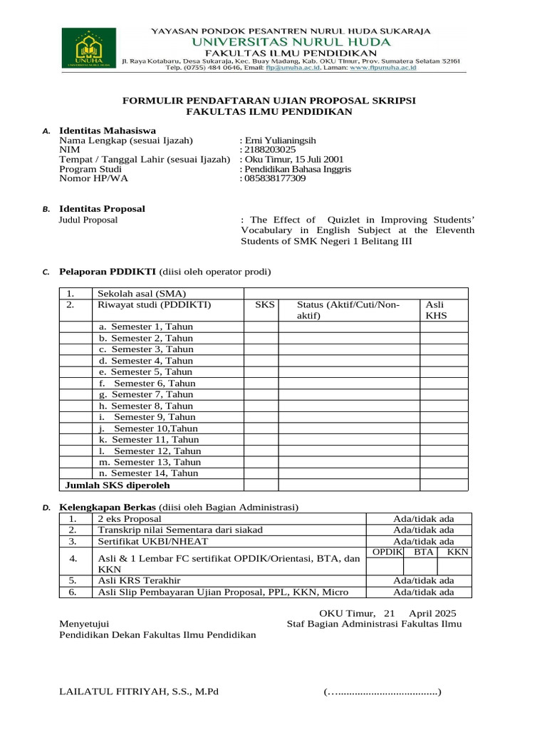 Formulir Pendaftaran Sempro Warda | PDF