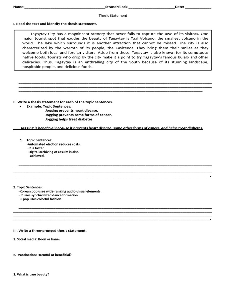 Thesis Statement Worksheet 2 | PDF | Medical Specialties