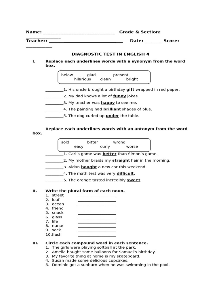 Diagnostic Test in English 4 | PDF