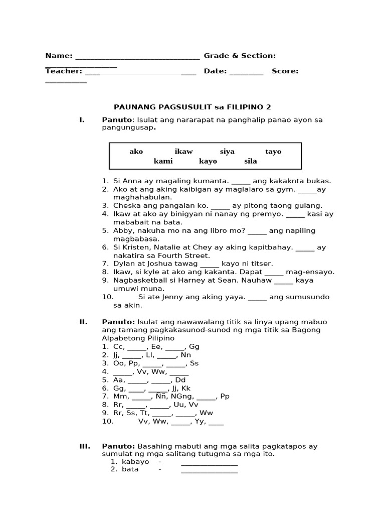 Diagnostic Test in Filipino 2 | PDF