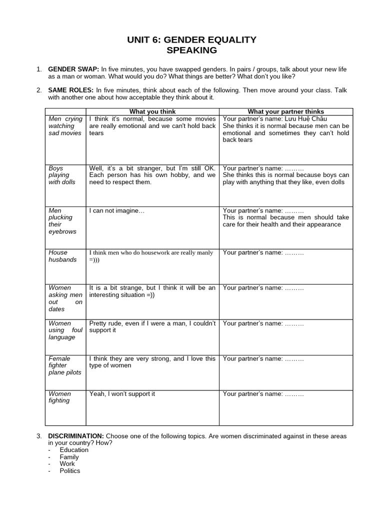UNIT 6 - Gender Equality - SPEAKING | PDF | Gender | Gender Studies