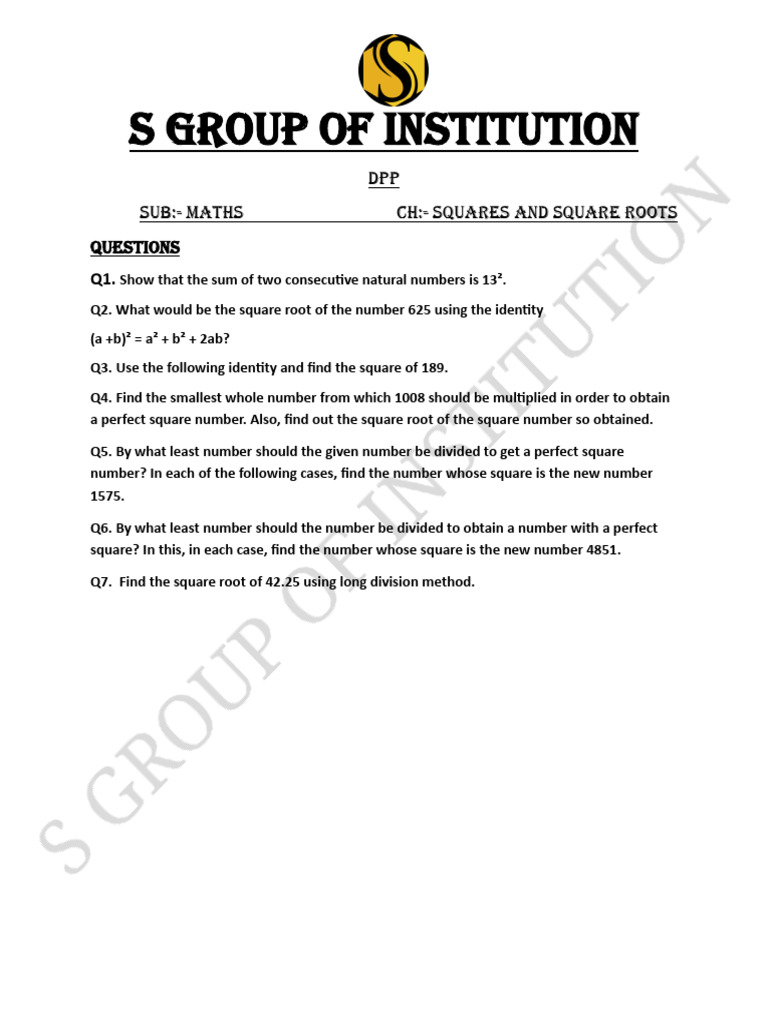 Squares and Square Roots I VIII I DPP | PDF
