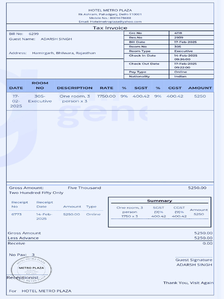Hotel Room Bill | PDF