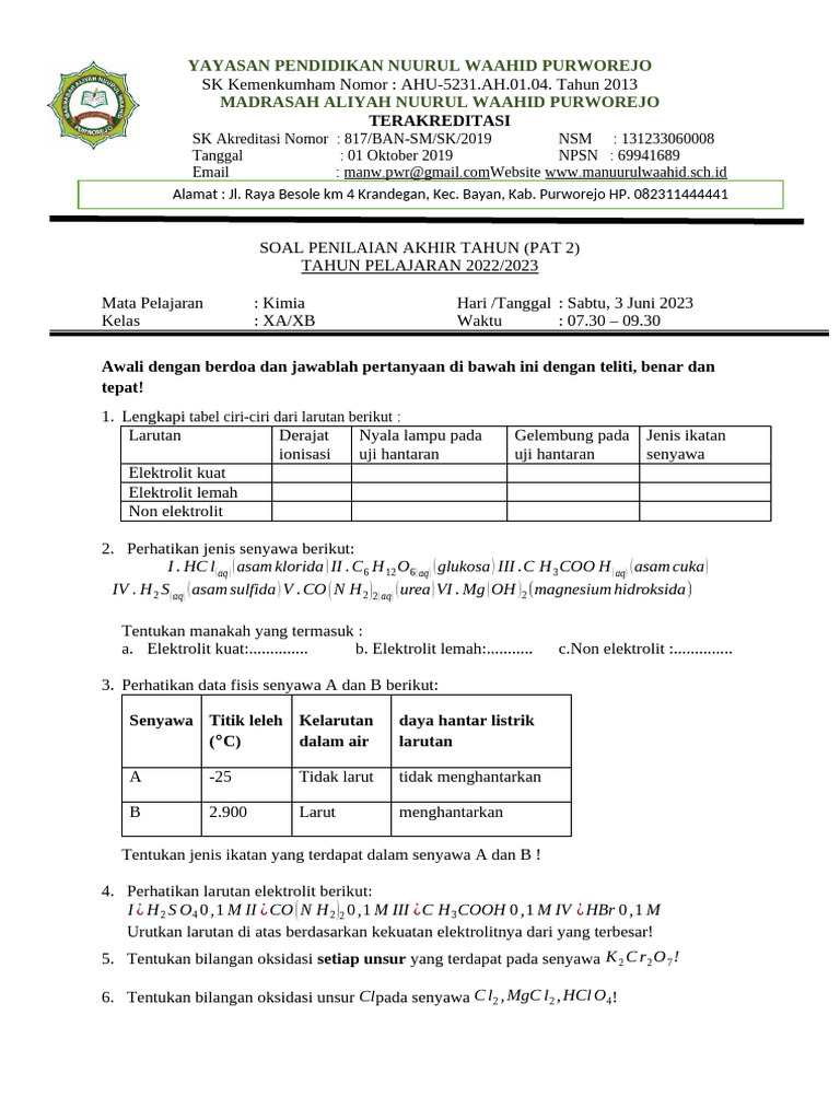 Soal PAT Kimia Kelas X 2023 | PDF