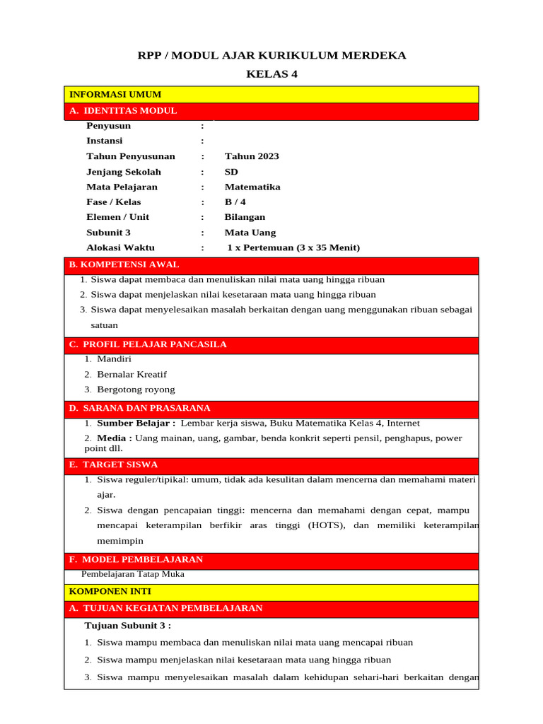 Contoh RPP Modul Ajar Kurmer | PDF