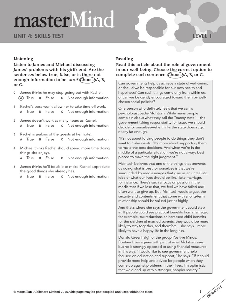 MasterMind 1 Unit 4 Skills Test | PDF | Behavioural Sciences | Psychology