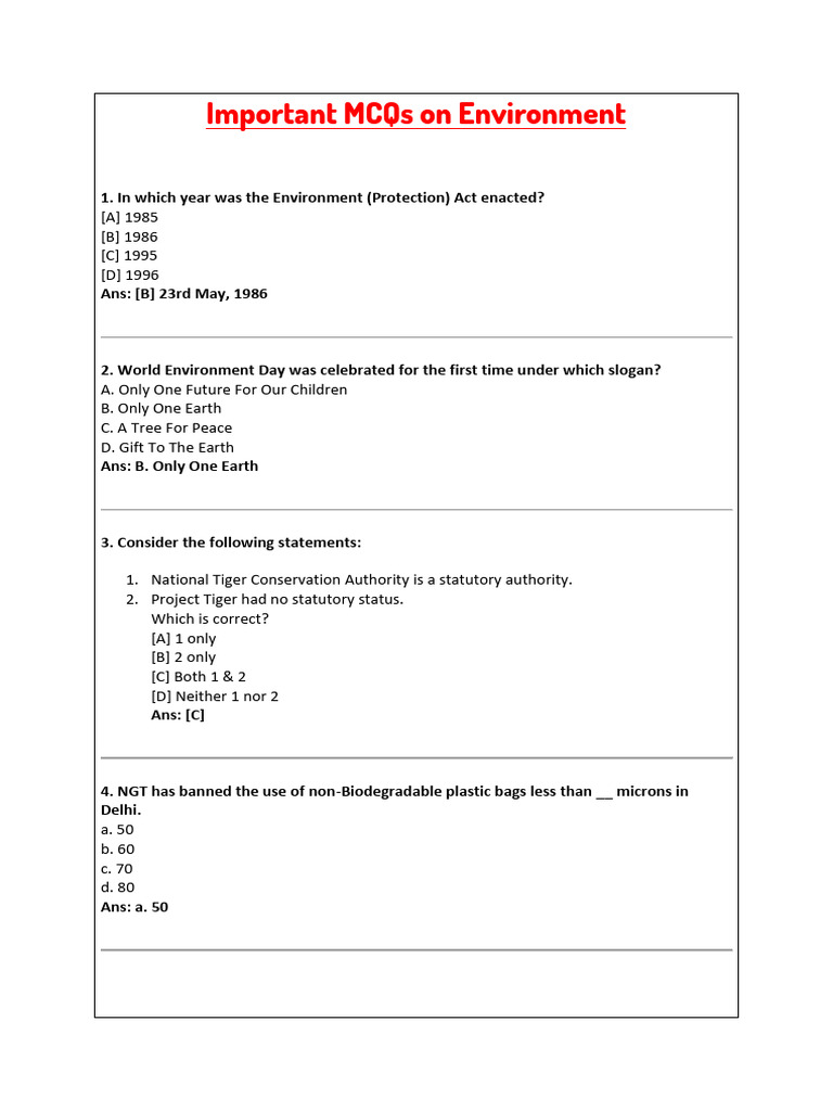 Important MCQs On Environment | PDF | Natural Environment | Water Pollution