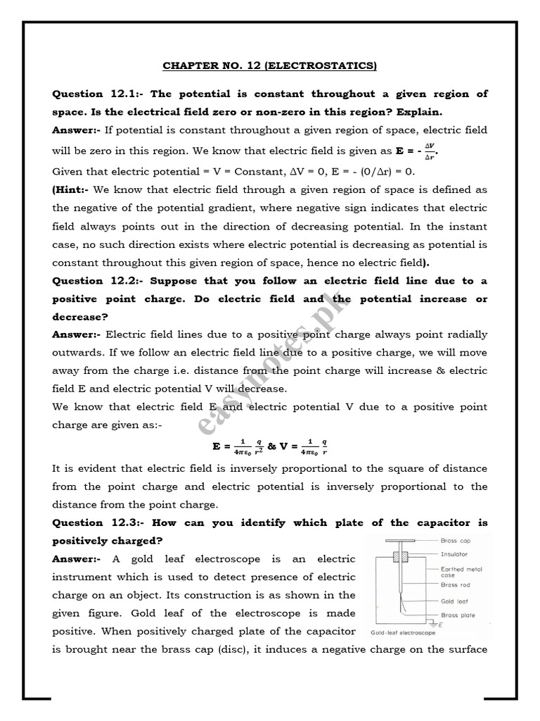 Chapter 12 Electrostatics Short Q&A | PDF | Electric Field | Force