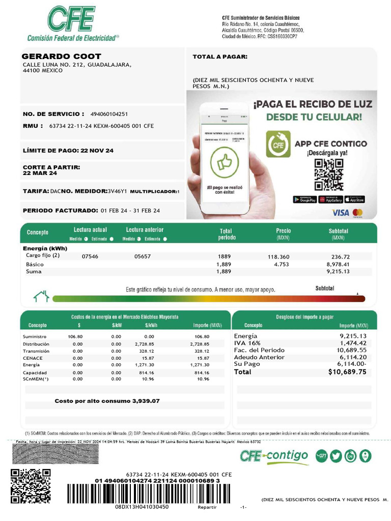 Mexico Federal Electricity Commission (CFE) Utility Bill Template in ...