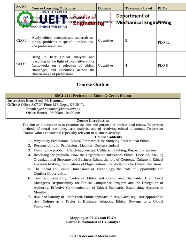 16 Week Plan Professional Ethics Course Outline OBE Format | PDF ...