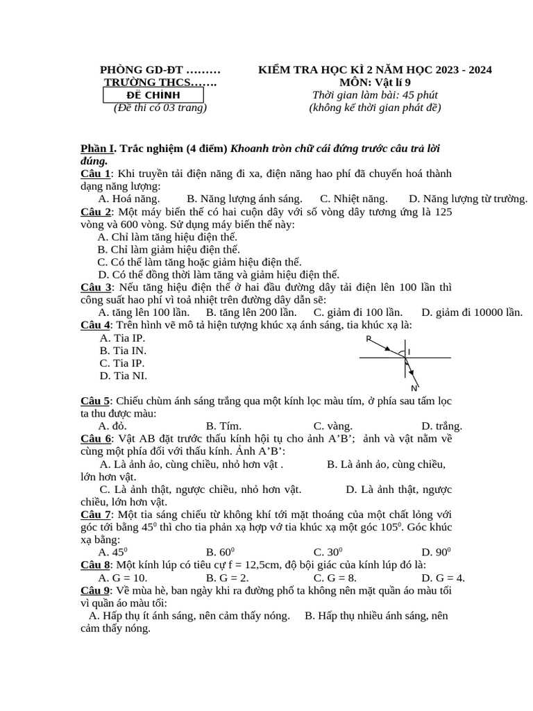 De Thi Hk2 Vat Li 9 de 1 | PDF