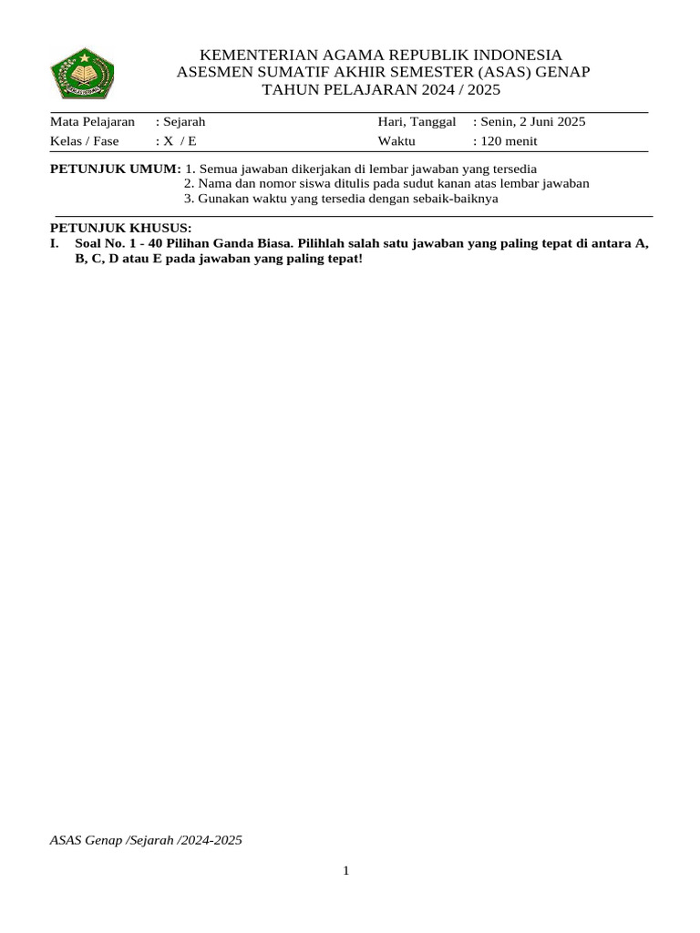 Soal Asas Genap Sejarah Kls X 2024-2025 | PDF