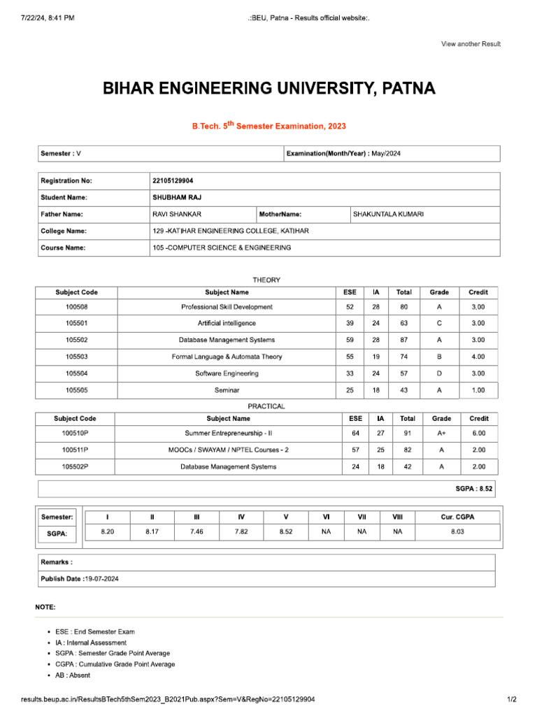 5th Sem Result | PDF