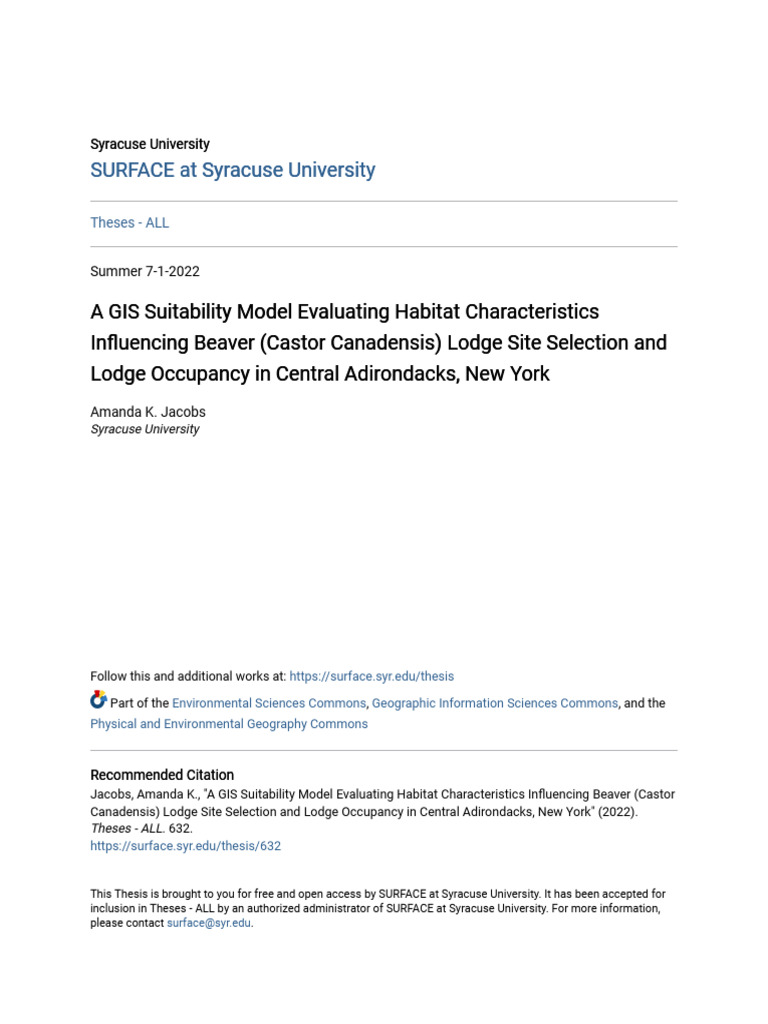 A GIS Suitability Model Evaluating Habitat Characteristics Influe | PDF | Beaver | Geographic ...