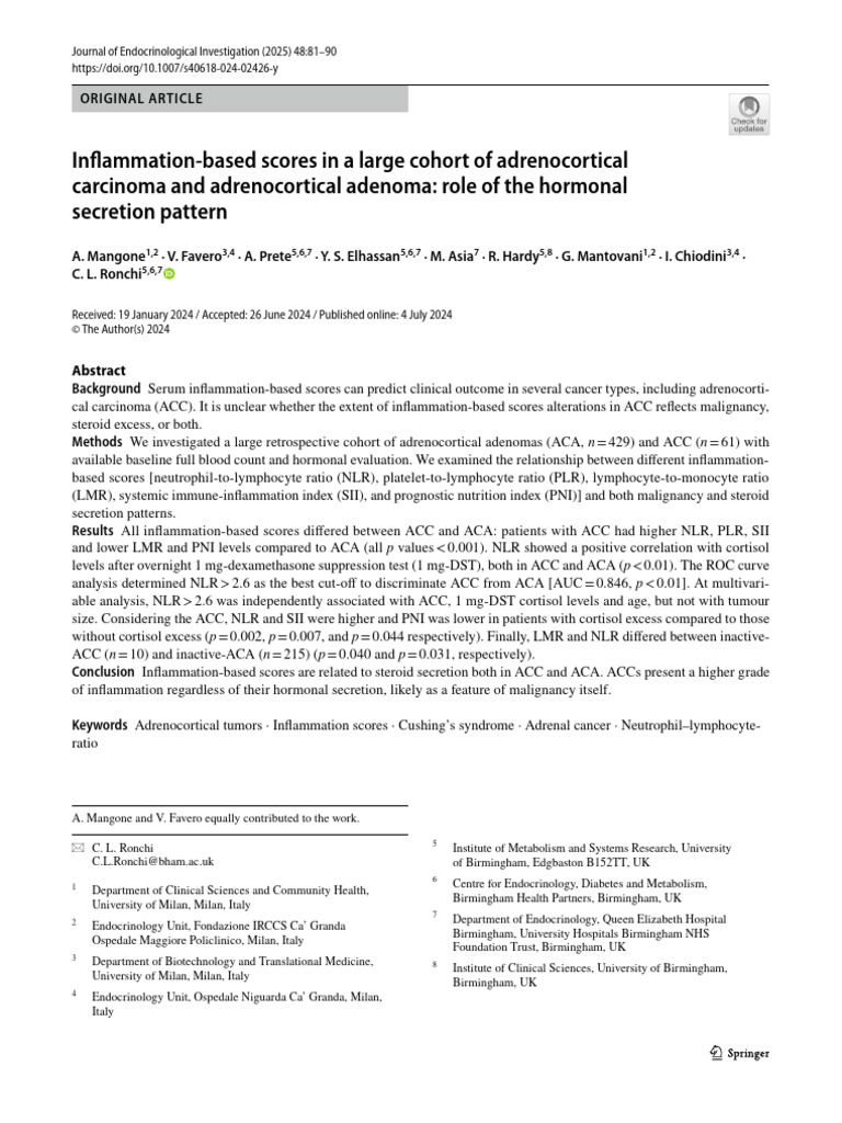 Inflammation-Based Scores in A Large Cohort of Adrenocortical Carcinoma ...