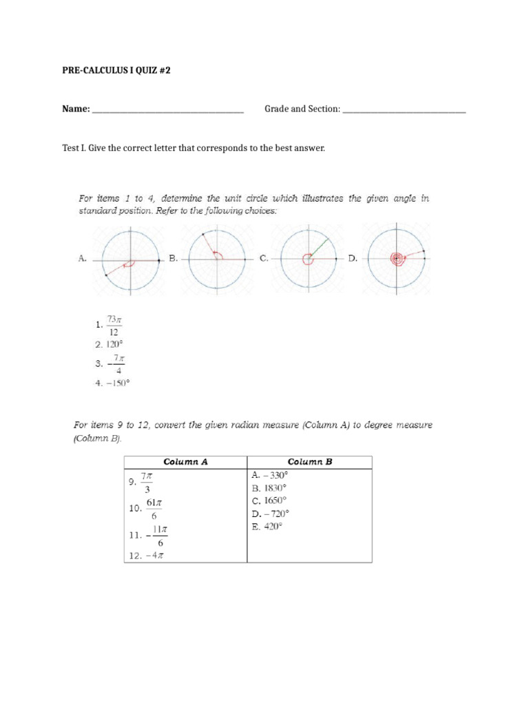 Quiz #2 Pre-Calculus | PDF