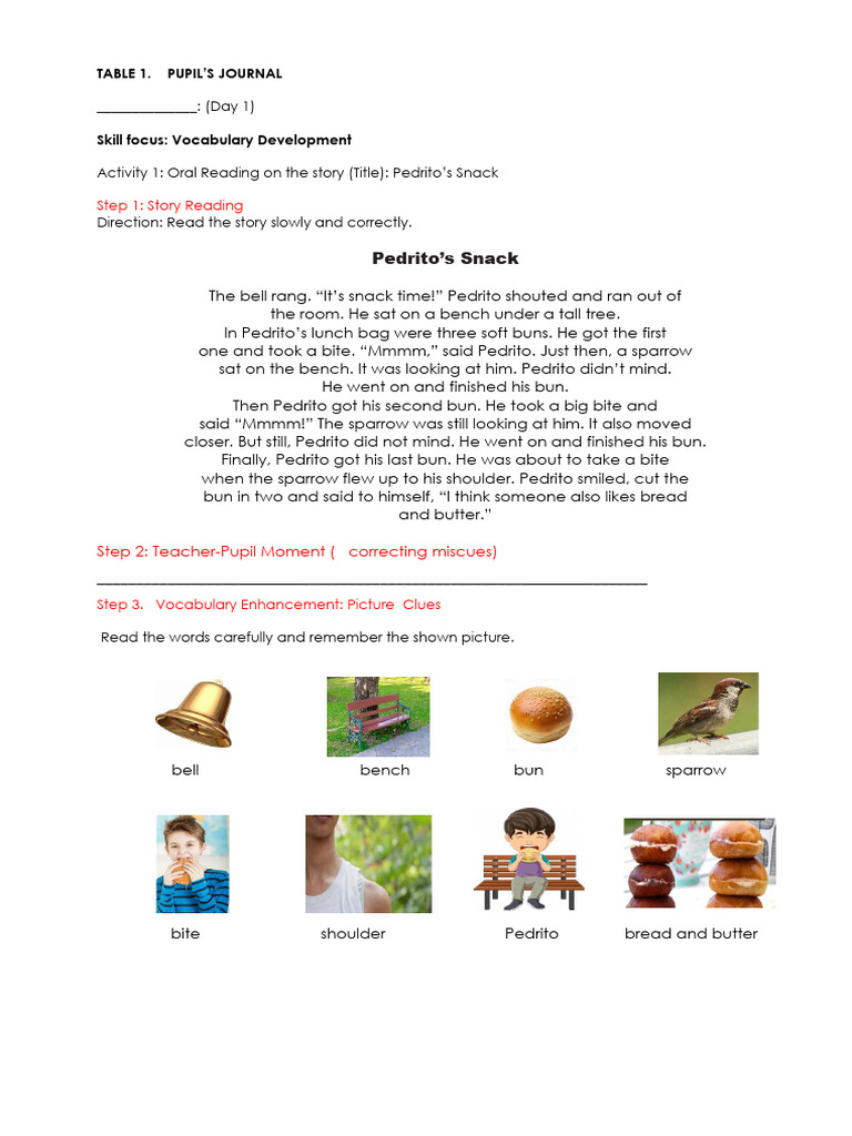 Pedrito's Snack: Vocabulary Activities | PDF