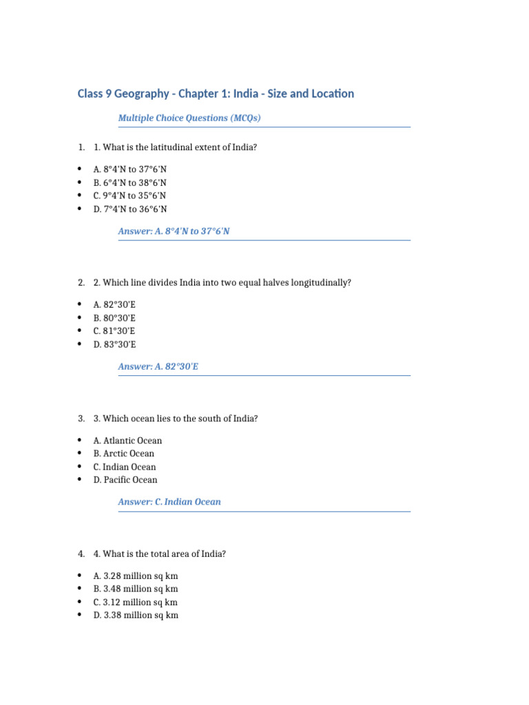 Class 9 Geography: India Size MCQs | PDF