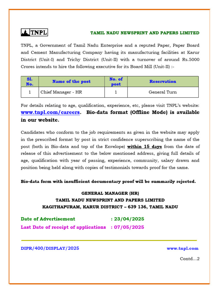 HR Manager Vacancy at TNPL 2025 | PDF | Human Resource Management ...