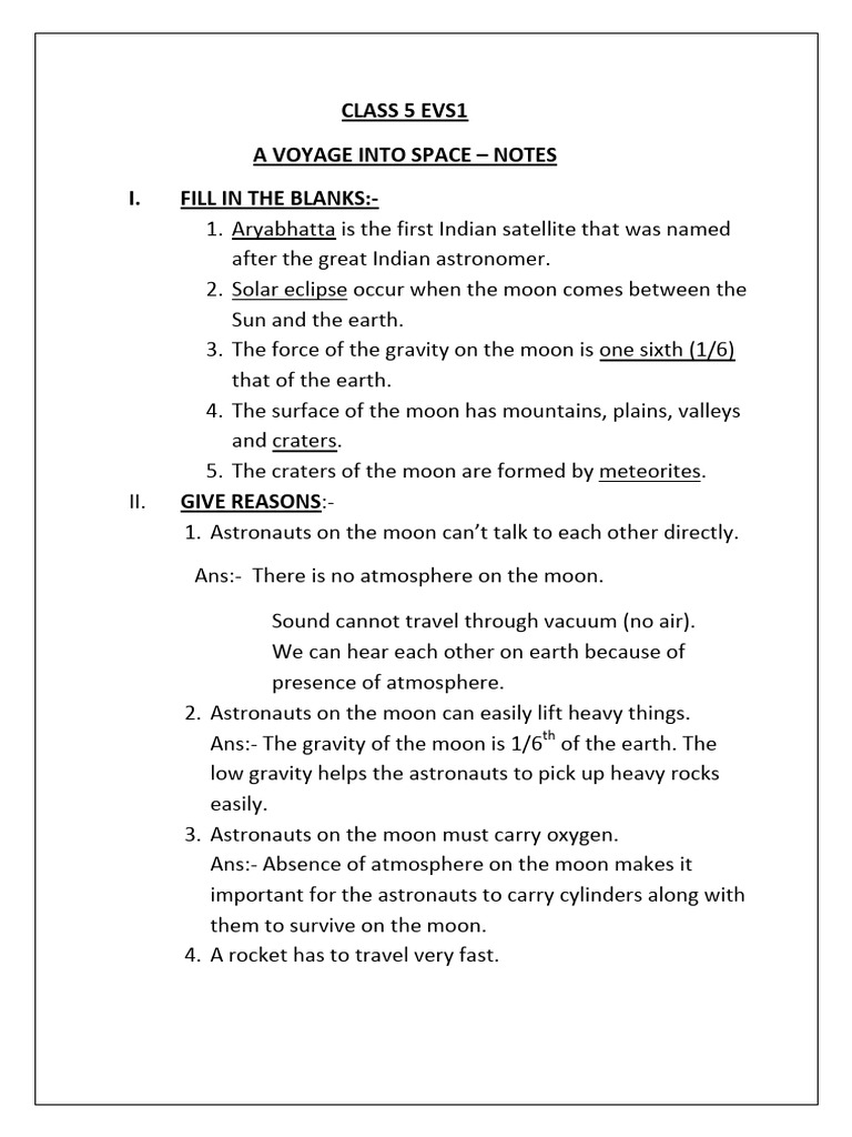 61f6ced510ee9 CLASS 5 A Voyage Into Space Notes | PDF | Moon | Earth