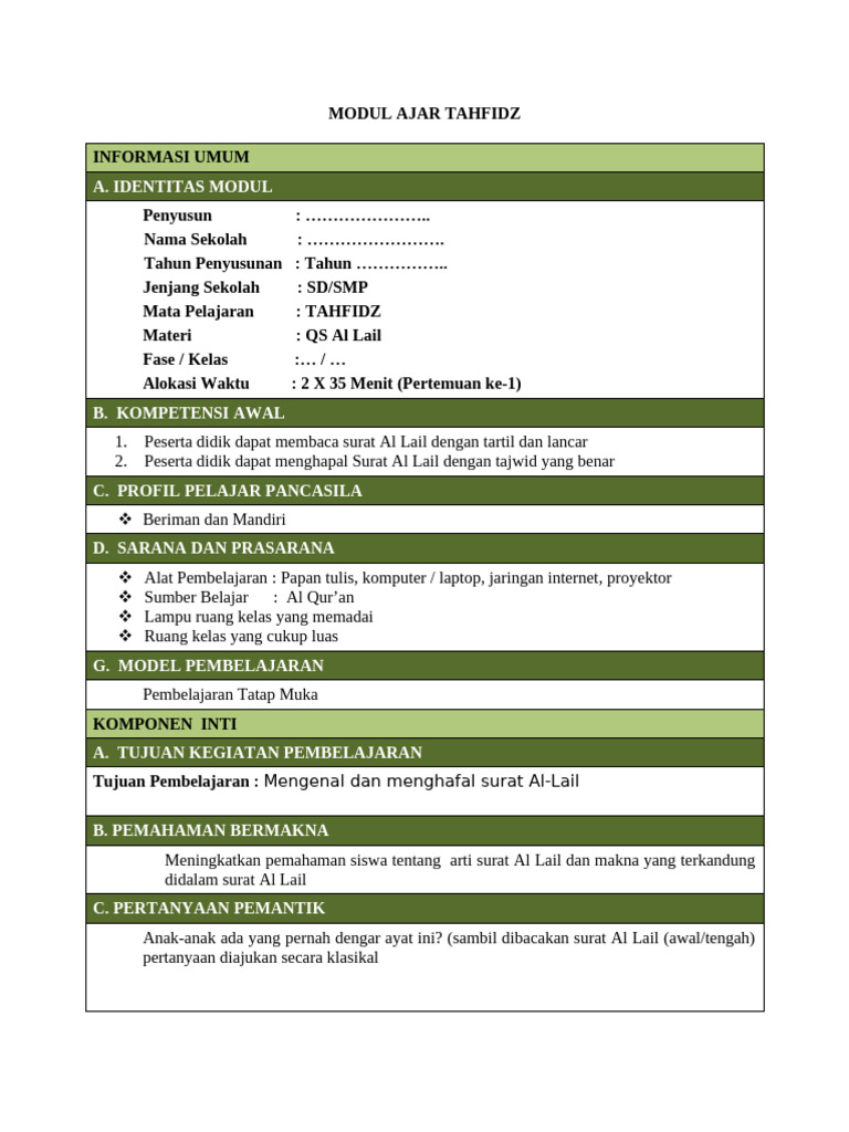 Format Model Modul Ajar Tahfidz | PDF