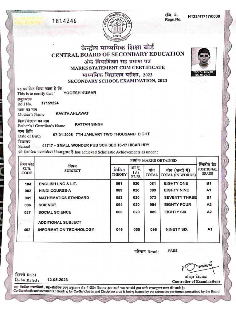Class 10 Marksheet | PDF