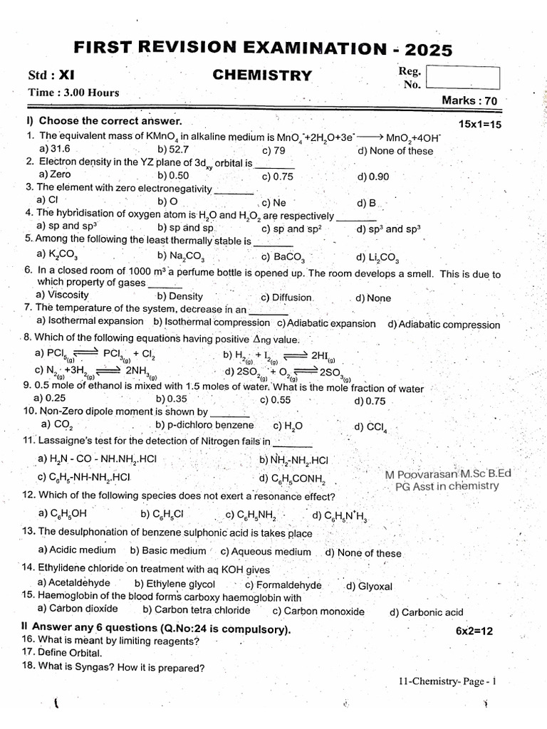 11th Chemistry 1st Revision Exam 2025 Original Question Paper Dharmapuri District English Medium ...