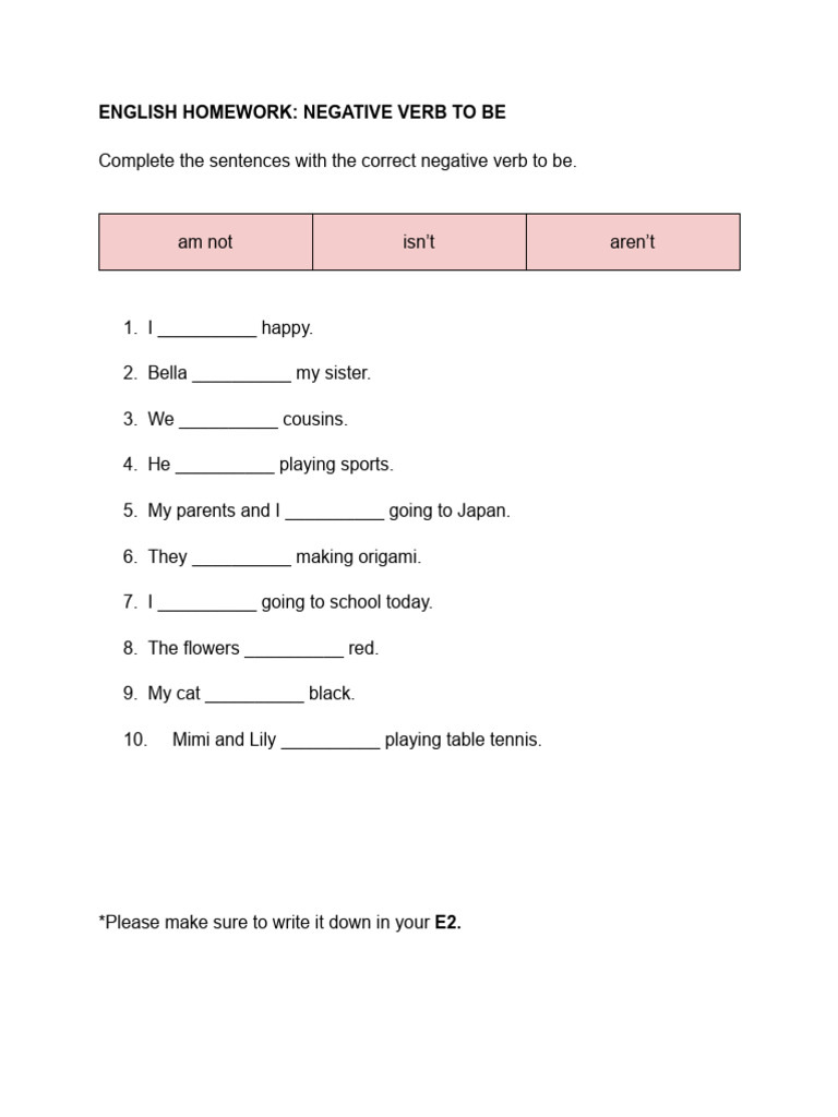 Homework English Year 3 (Negative Verb To Be) | PDF
